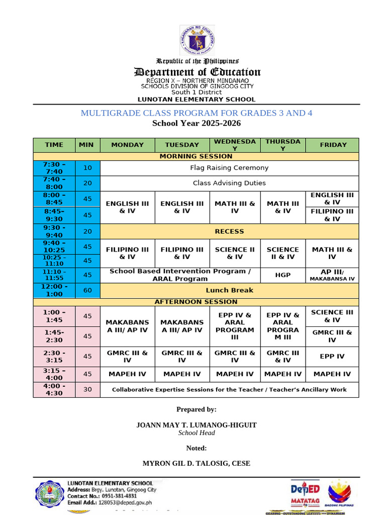 Multigrade Class Program Sy 2025 2026 | PDF | Philippines | Republic