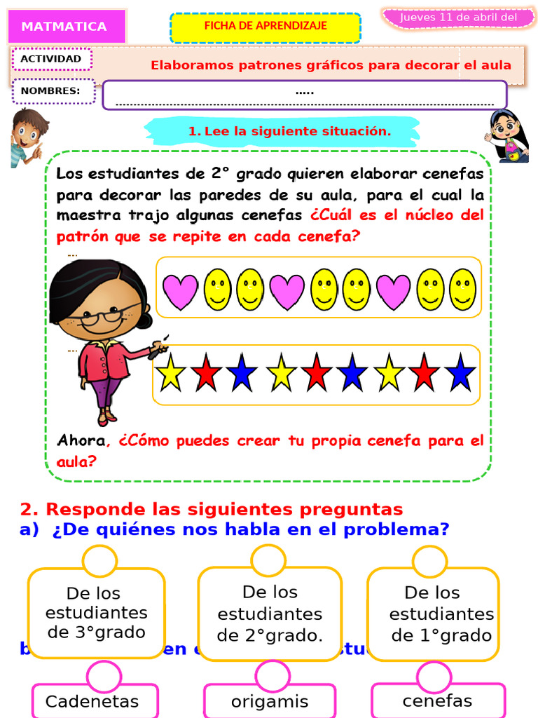 FICHA 2º Grado - MATEMATICA - Elaboramos Patrones Gráficos para Decorar El Aula | PDF