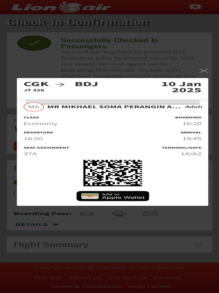 Flight Check-in Confirmation for JT 326 | PDF