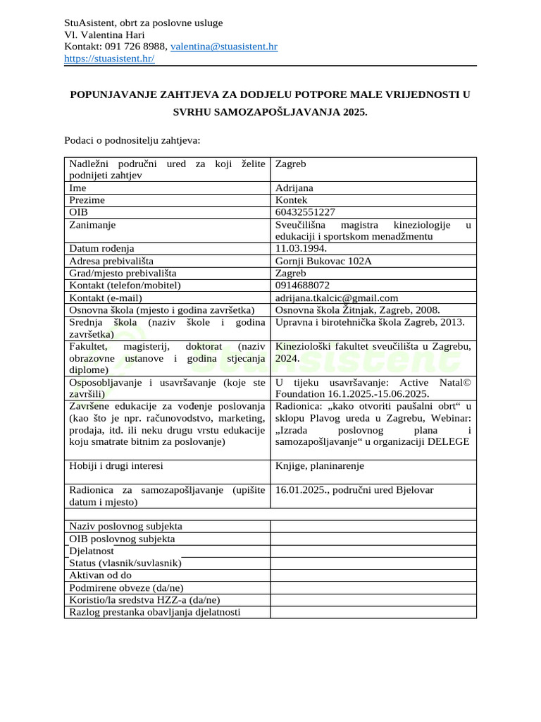 Zahtjev Za Dodjelu Potpore Male Vrijednosti U Svrhu Samozapošljavanja ...
