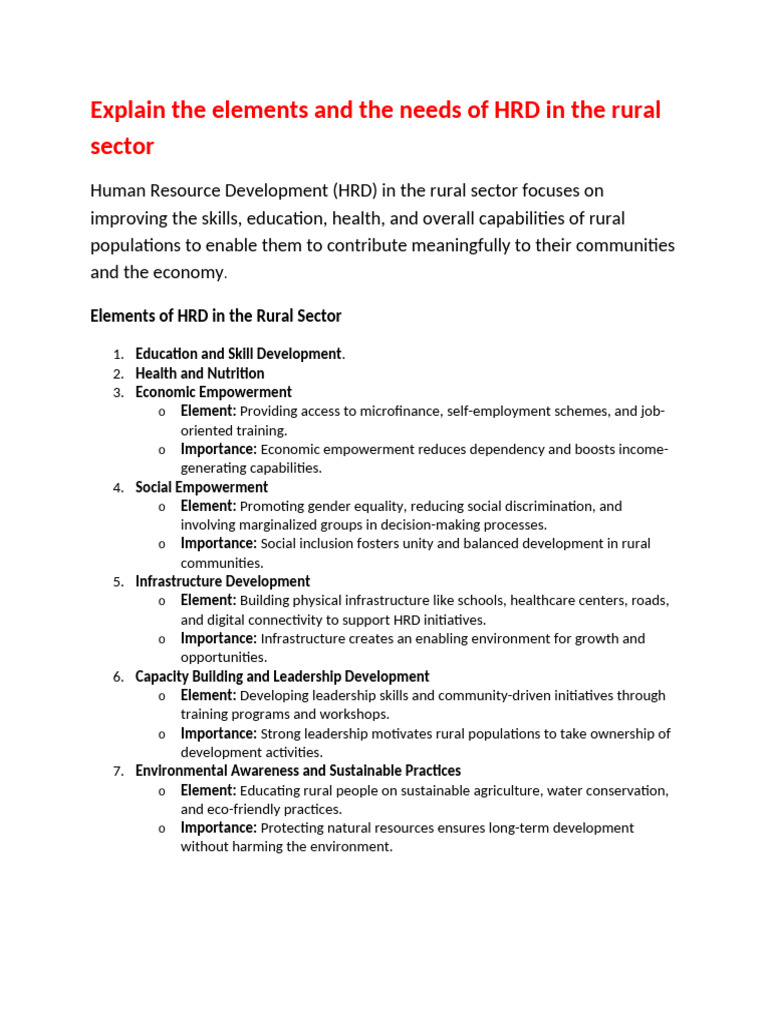 Explain The Elements and The Needs of HRD in The Rural Sector Unit-4 | PDF