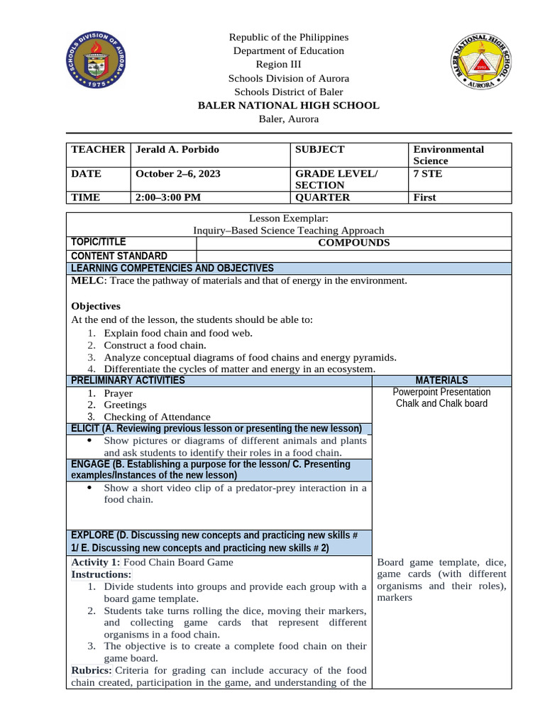 Lesson-Exemplar Q1 W6 Environmental Science 7 2023-2024 | PDF ...