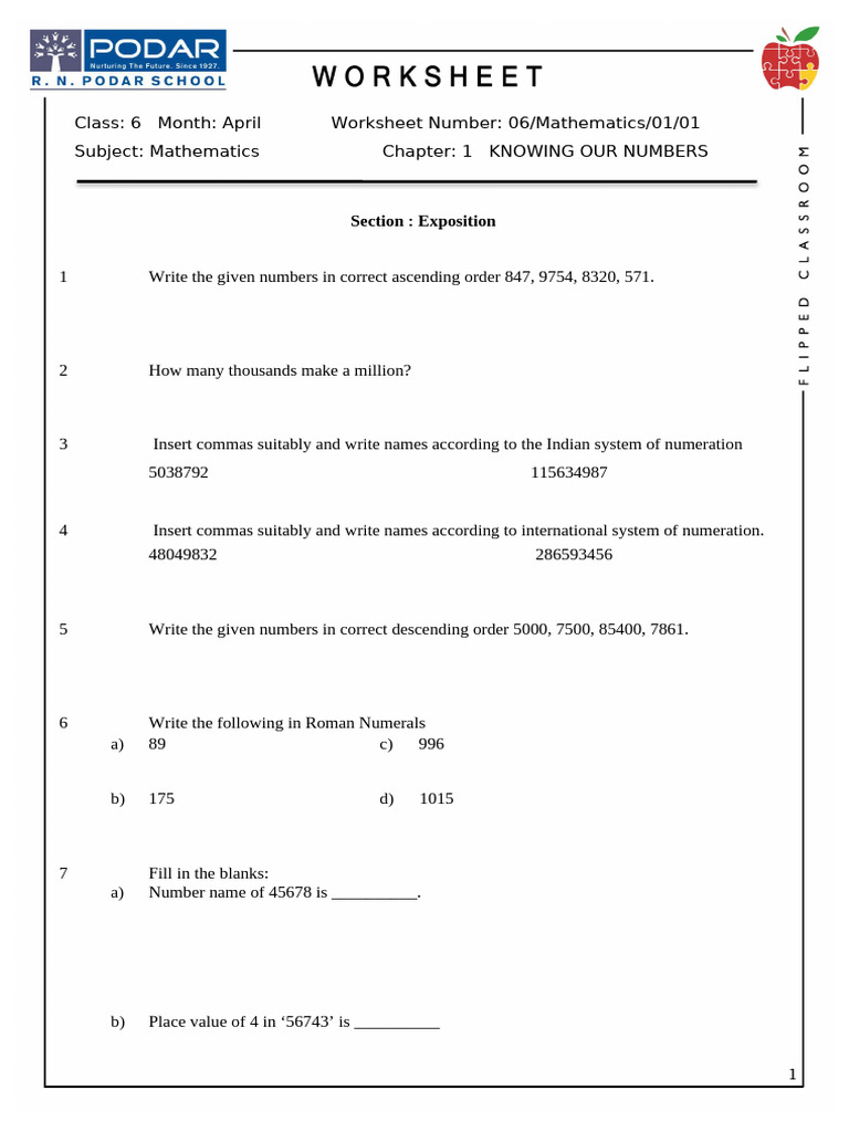 Worksheet-Knowing Our Numbers | PDF | Litre | Numbers