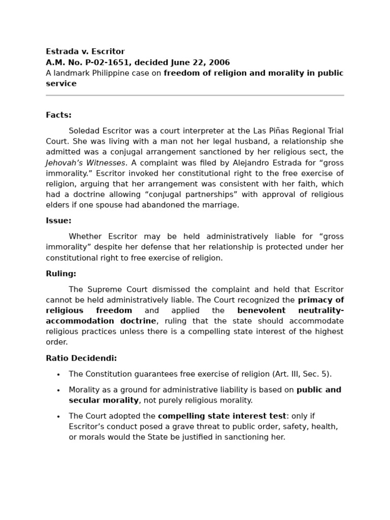 Estrada vs. Escritor | PDF | Natural Law | Free Exercise Clause