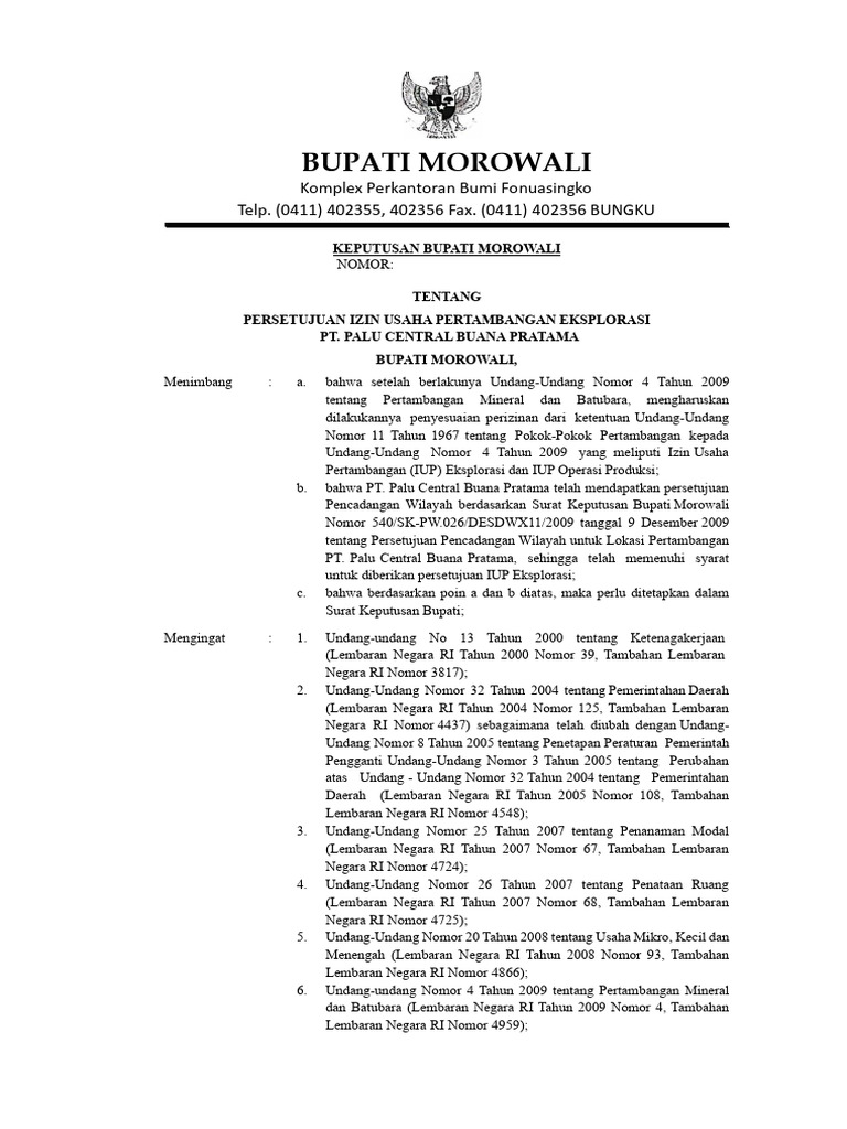 SK Iup Eksplorasi Pt. Palu Central Buana Pratama-1 | PDF