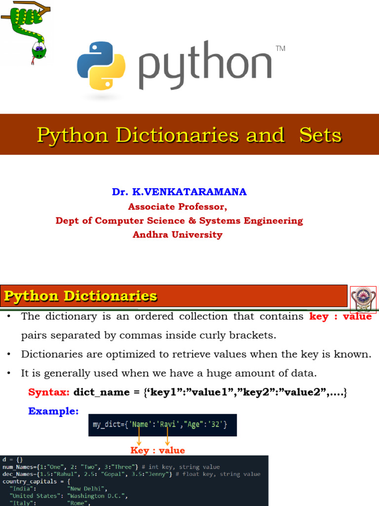 1.dictionaries and Sets | PDF | Python (Programming Language) | Bracket