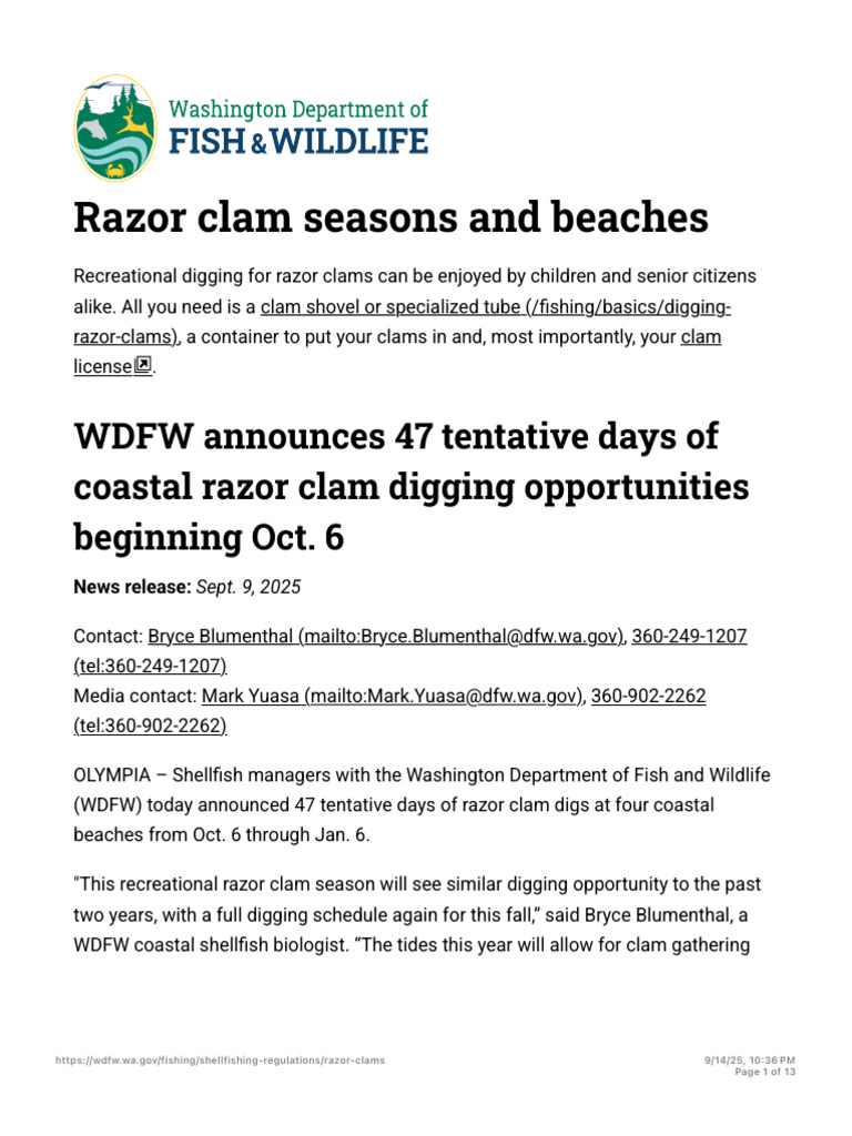 Razor Clam Seasons and Beaches - Washington Department of Fish ...