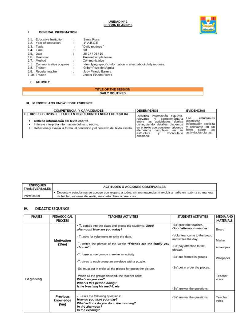 Daily Routines Lesson Plan | PDF | Vocabulary | Reading Comprehension