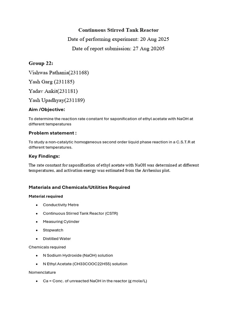 CSTR | PDF | Chemical Reactor | Chemistry