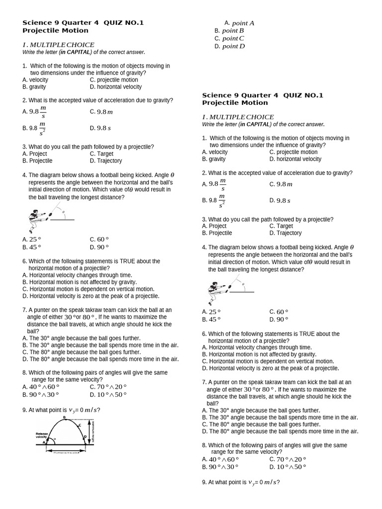 QUIZ NO.1 Projectile Motion | PDF | Projectiles | Mechanics