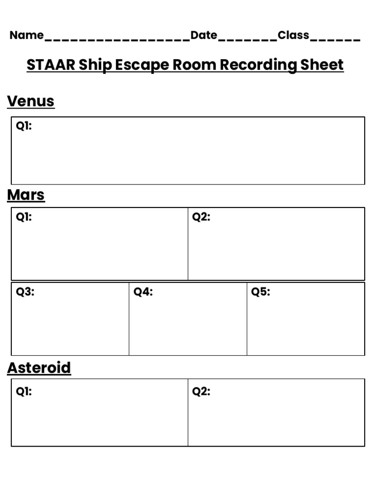 STAAR Ship Escape Room Recording Sheet Venus: Name - Date - Class | PDF