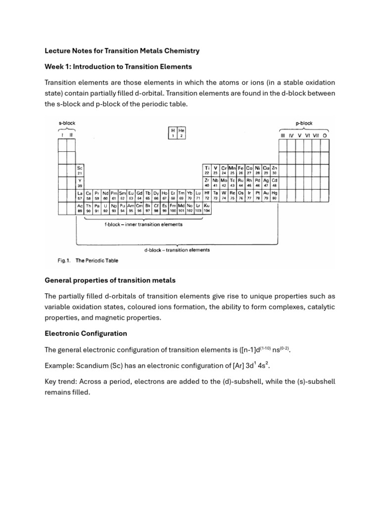 Transition Metals Chemistry Week 1 and 2 Lecture Note PDF I | PDF ...
