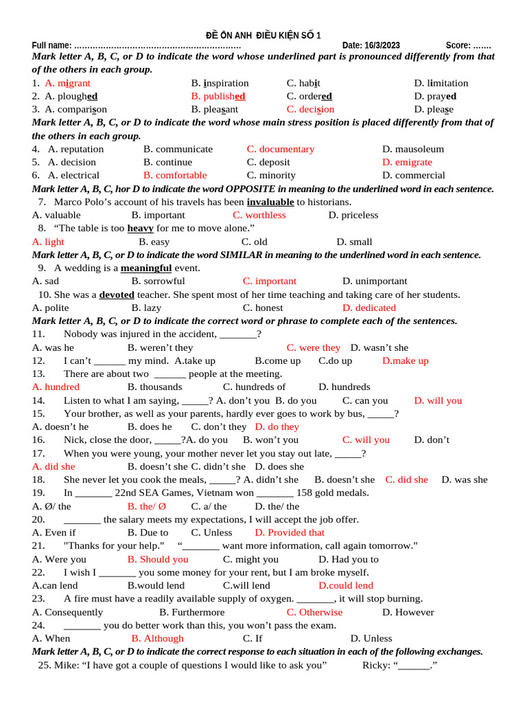English Test on Pronunciation and Grammar | PDF | Body Language | Time ...