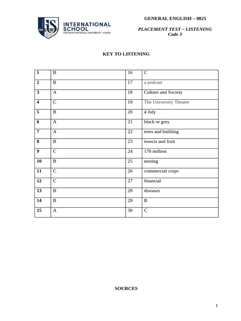 Placement 2526 - Listening Code 3 KEY - Le Hoang | PDF