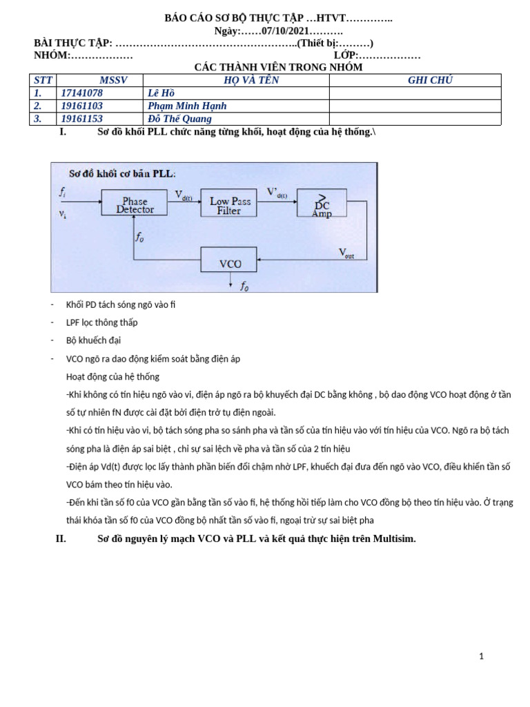 2 Mau Bao Cao So Bo Com 103 Dieu Che Va Giai Dieu Che FM Vco PLL | PDF