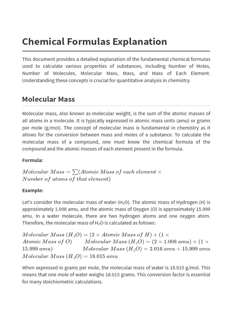 Chemical Formulas Explanation | PDF | Mole (Unit) | Molecules