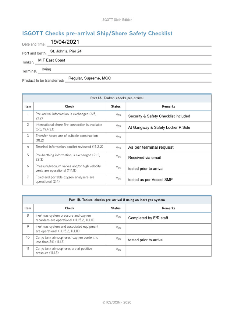 ISGOTT 6 Ship/Shore Safety Checklist | PDF | Oil Tanker