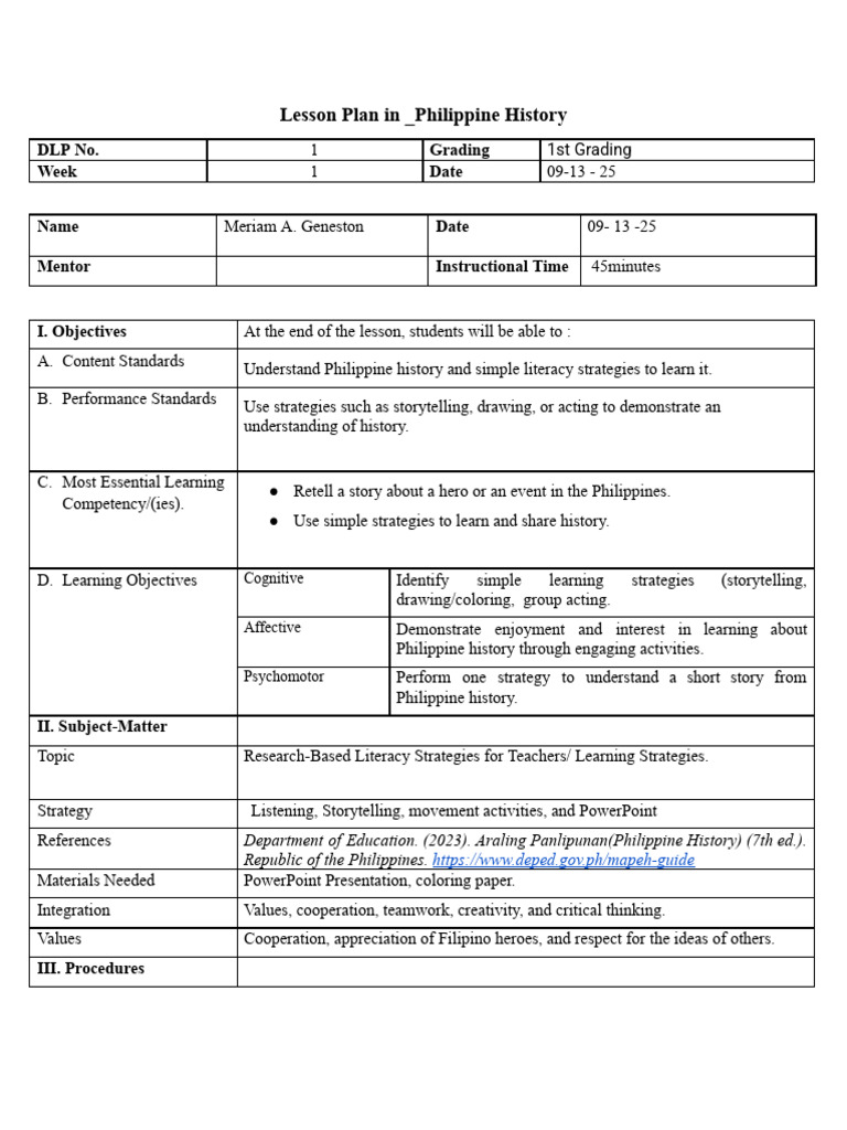 Engaging Lesson Plan on Philippine History | PDF | Storytelling | Human ...