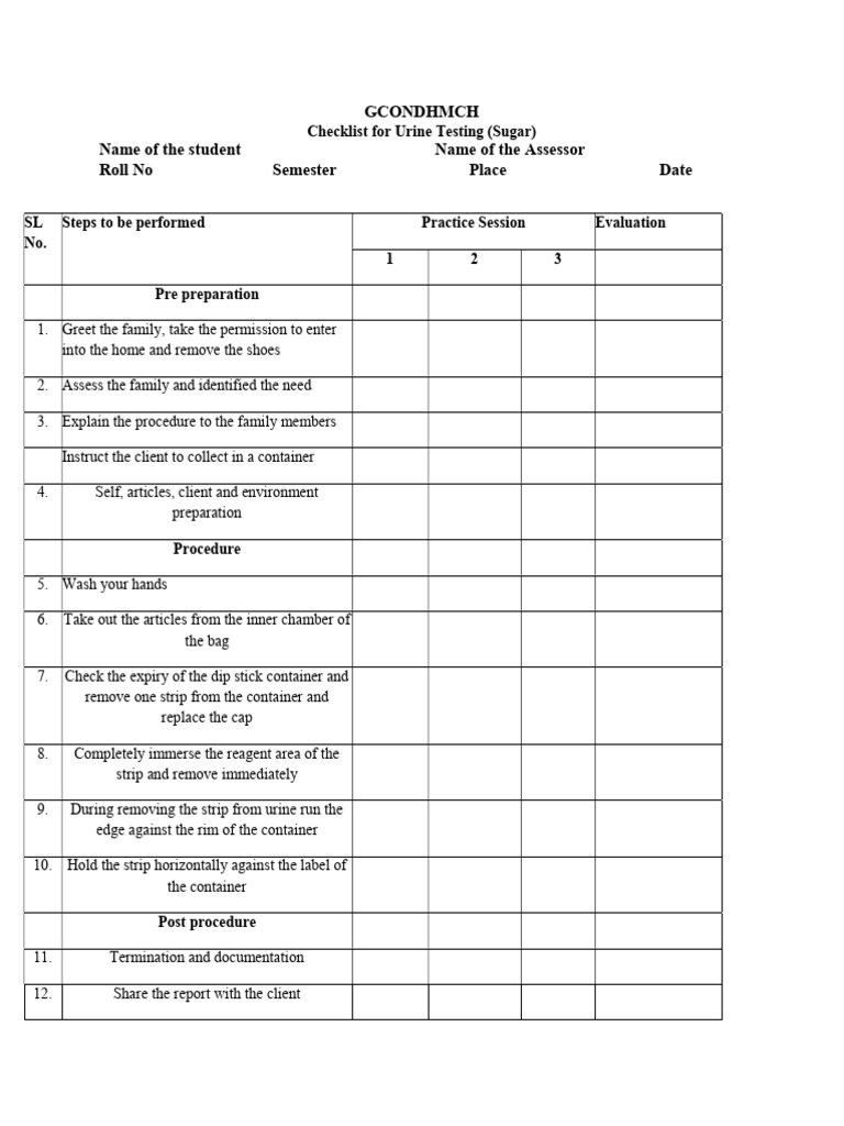 Checklist of Urine Testing For Sugar | PDF