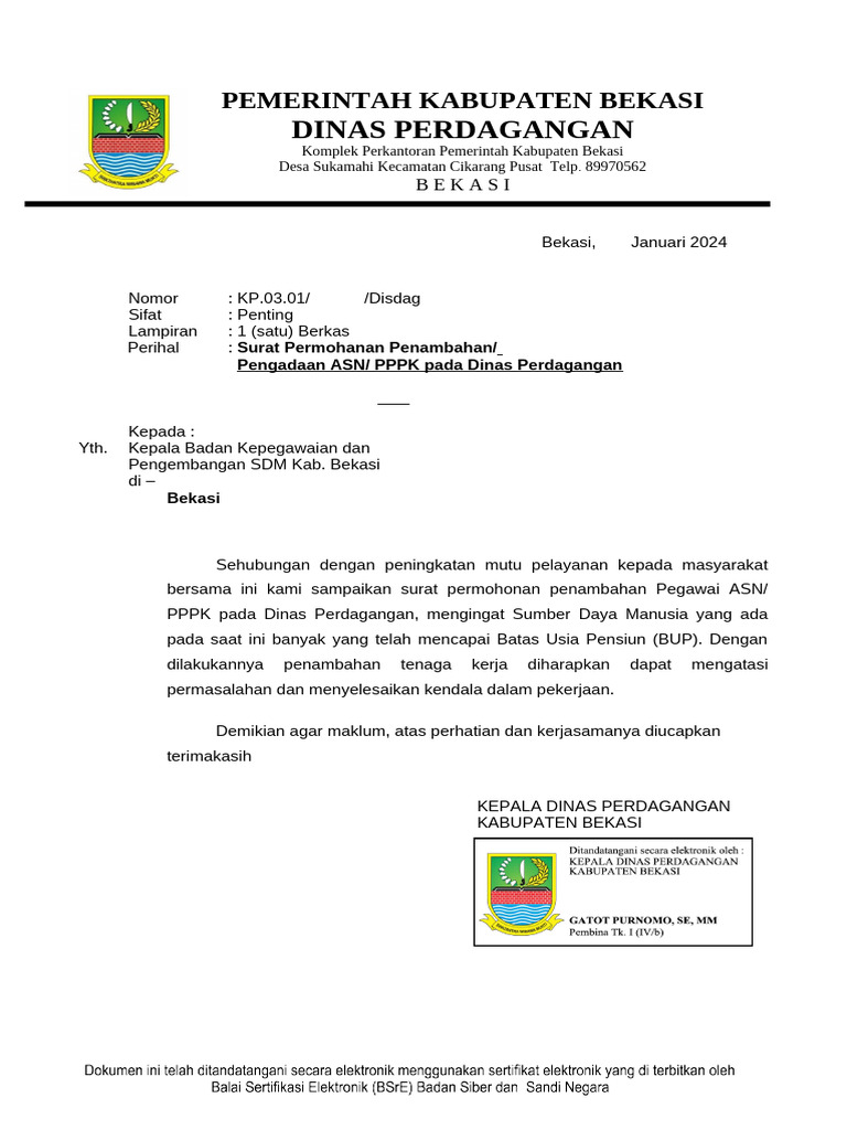 Surat Permohonan Penambahan Pegawai ASN | PDF