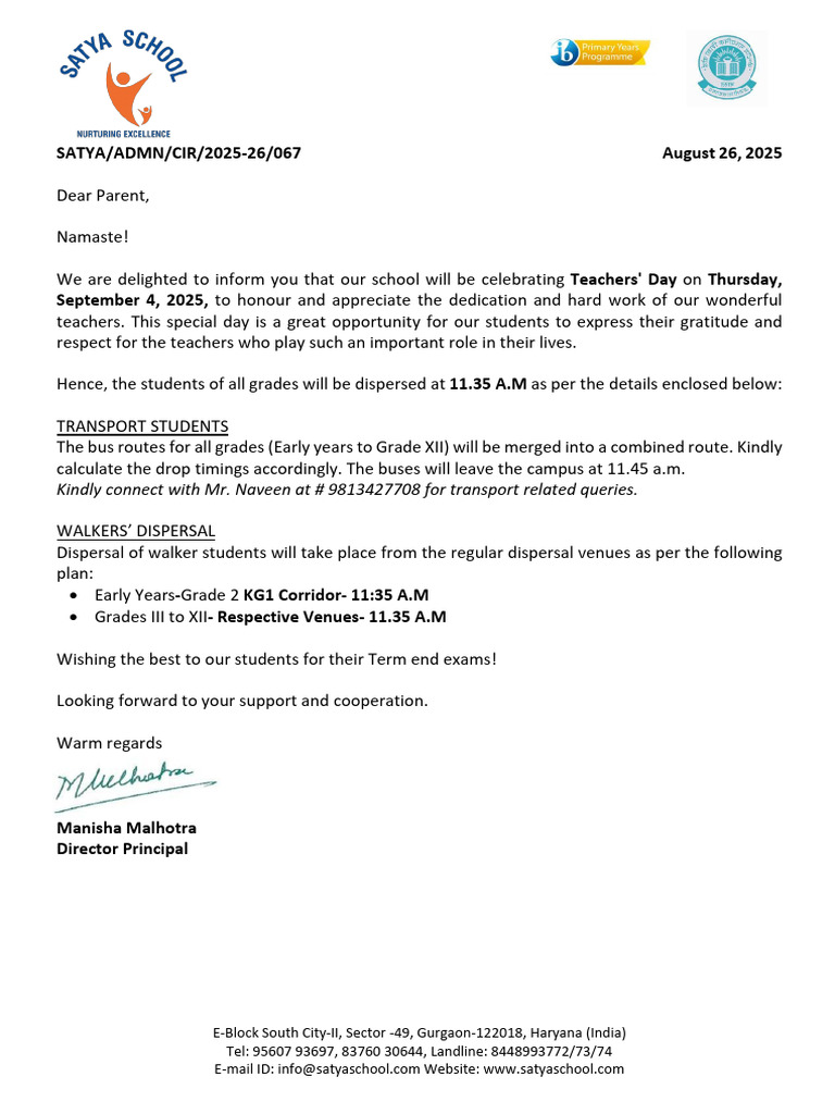 Teachers' Day Dispersal Timings | PDF