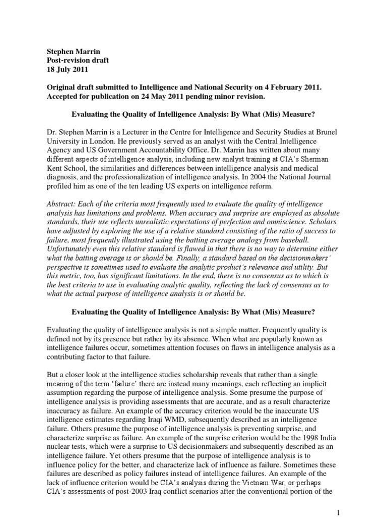Marrin EvaluatingtheQualityofIntelligenceAnalysis | PDF | Intelligence Analysis | Accuracy And ...
