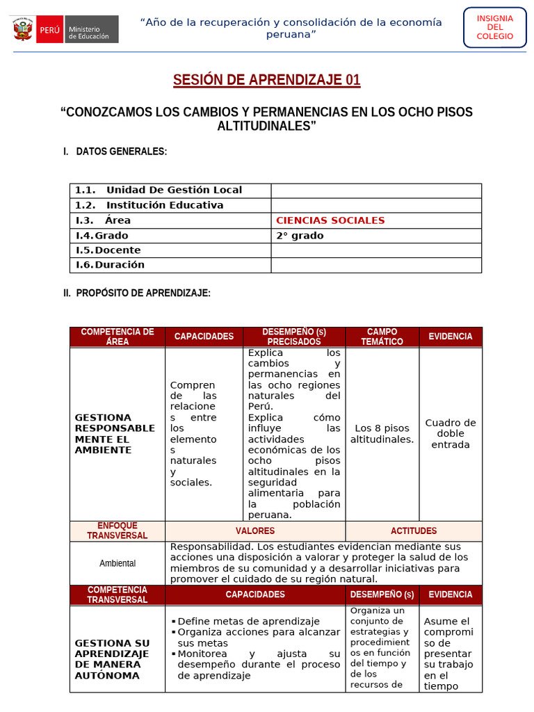 CCSS 2° - SESIÓN DE APRENDIZAJE 01 | PDF | Aprendizaje | Perú