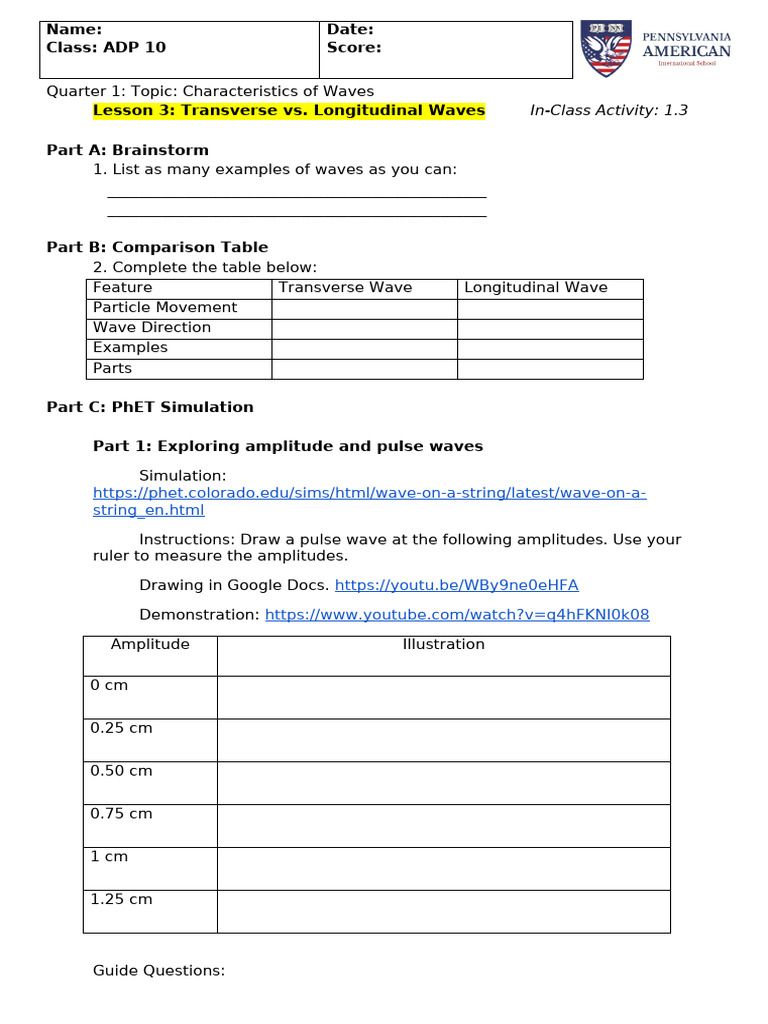 GenSci10 Q1W1 Lesson3 In-Class Activity Worksheet Characteristics of Waves | PDF | Waves | Frequency
