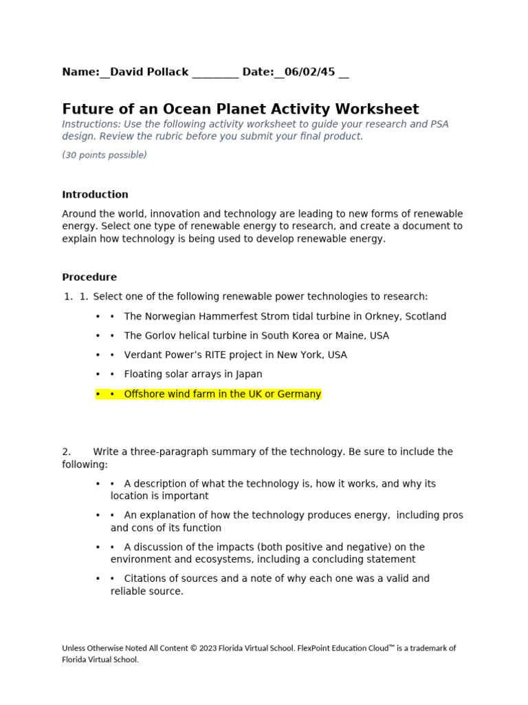 Ocean Planet Renewable Energy Worksheet | PDF | Wind Turbine | Offshore ...