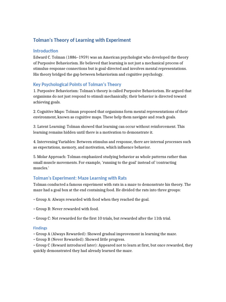 Tolman's Learning Theory and Rat Experiment | PDF | Learning | Cognition