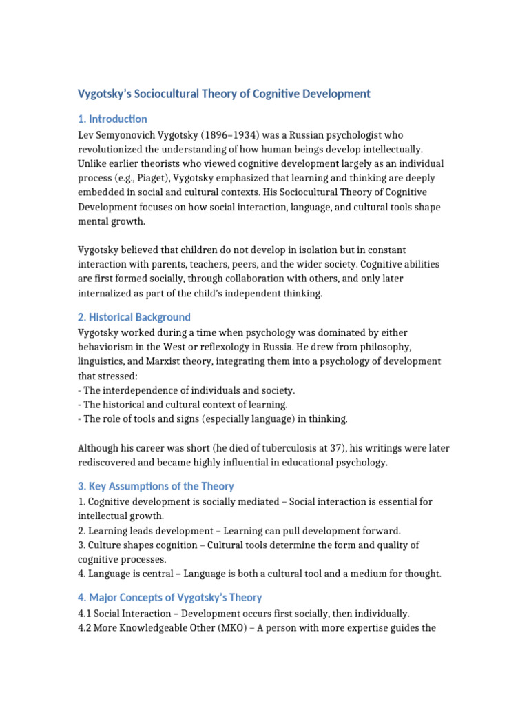 Vygotsky Sociocultural Theory | PDF | Cognitive Development | Cognitive ...
