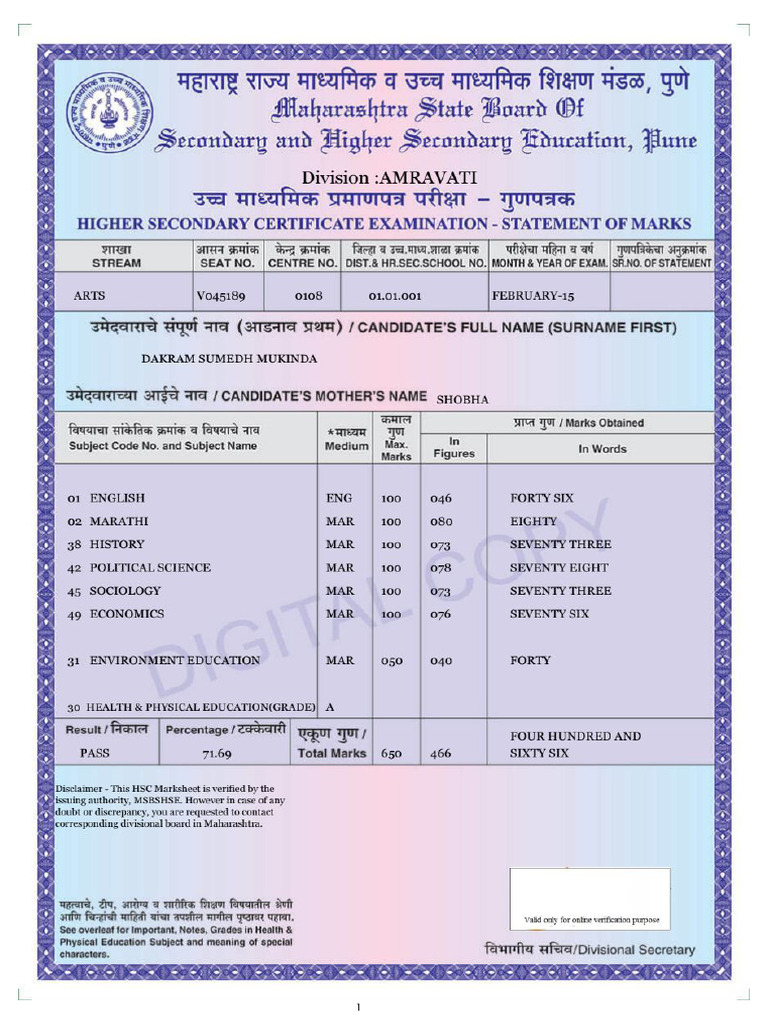 HSC Marksheet Save PDF | PDF