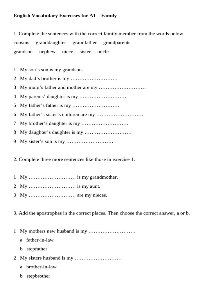 Family Vocabulary Exercises A1 | PDF | Family