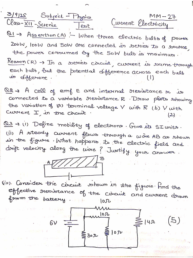 Physics (Current Electricity) Test | PDF