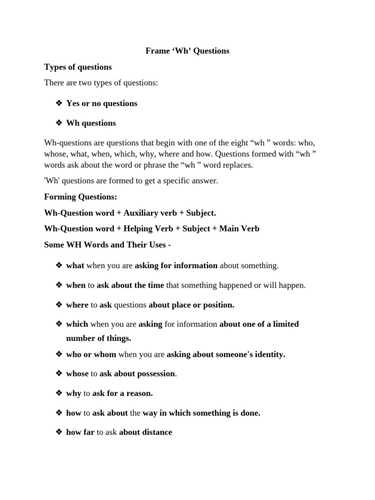 Framing Wh-Questions for Answers | PDF | Question | Subject (Grammar)
