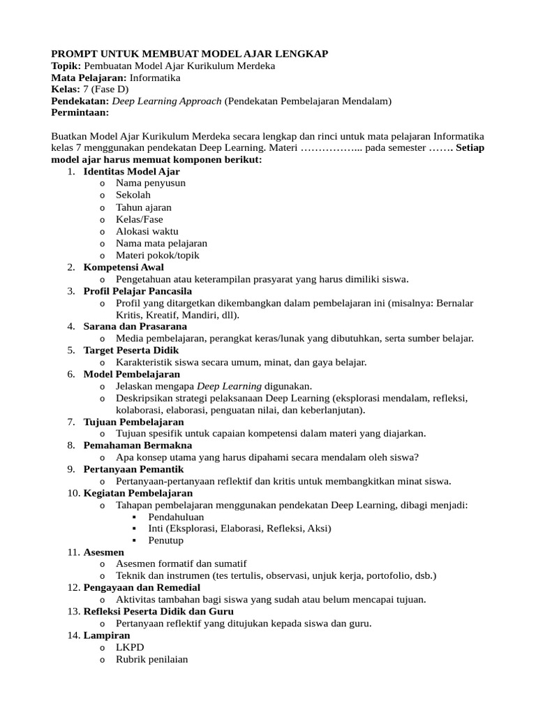 Prompt Untuk Membuat Model Ajar Lengkap Mapel Informatika | PDF