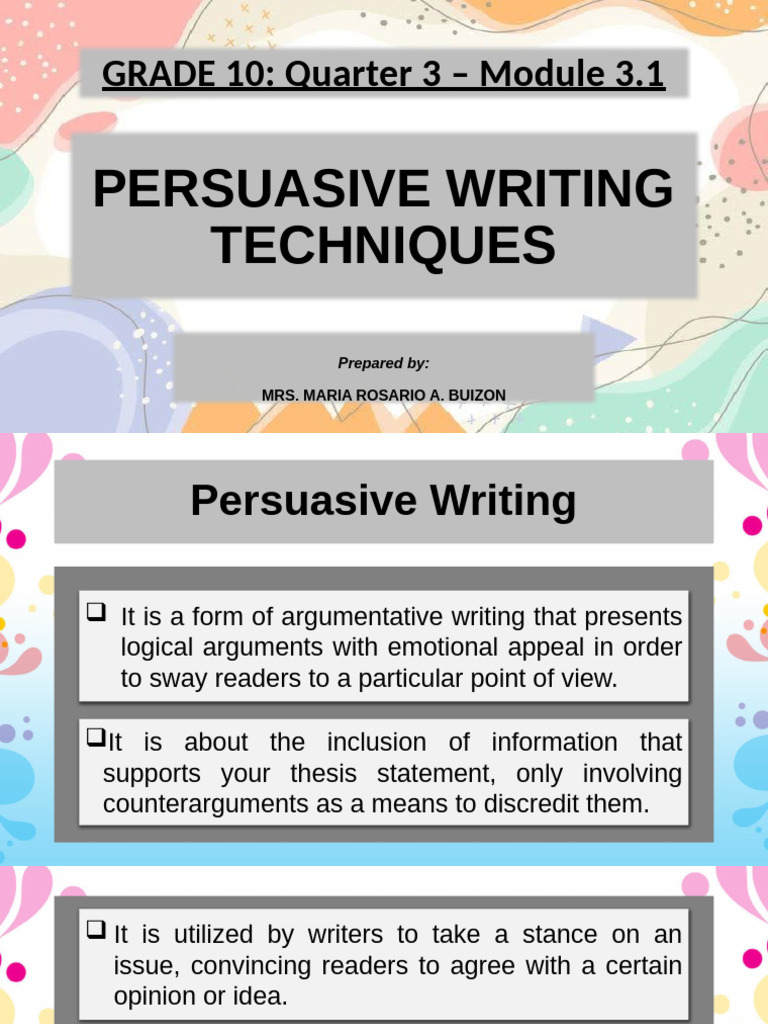 Persuasive Writing Techniques Guide | PDF | Essays | Persuasion