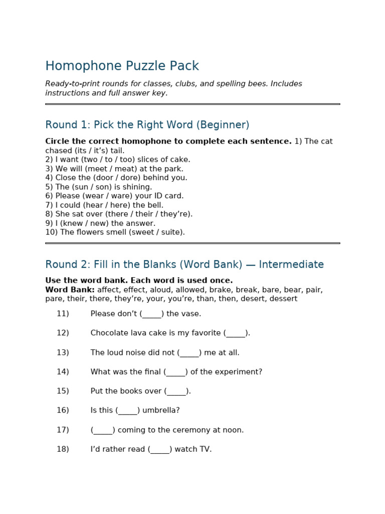 Homophone Puzzle Pack for Bees | PDF