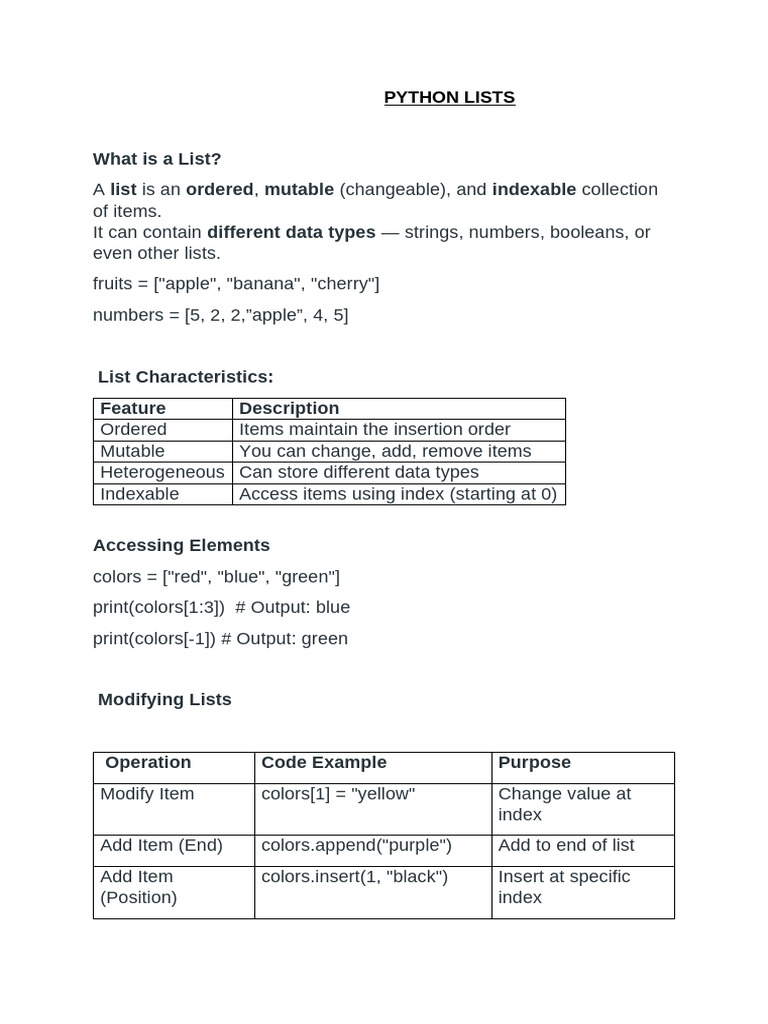 Python Lists: Characteristics & Functions | PDF