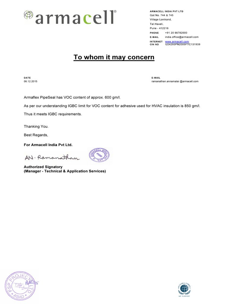 Armaflex PipeSeal VOC Compliance Confirmation | PDF