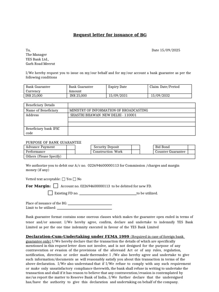 Request Letter For Issuance of BG | PDF | Office Of Foreign Assets ...