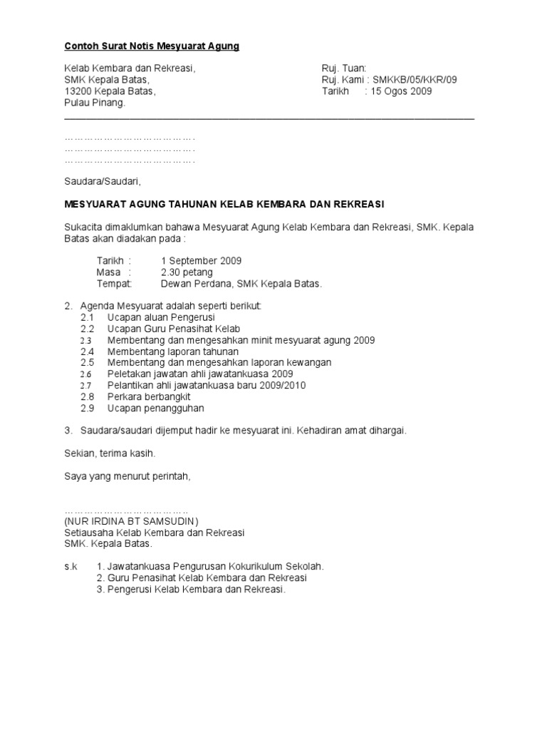 Contoh Surat Notis Mesyuarat Agung | PDF