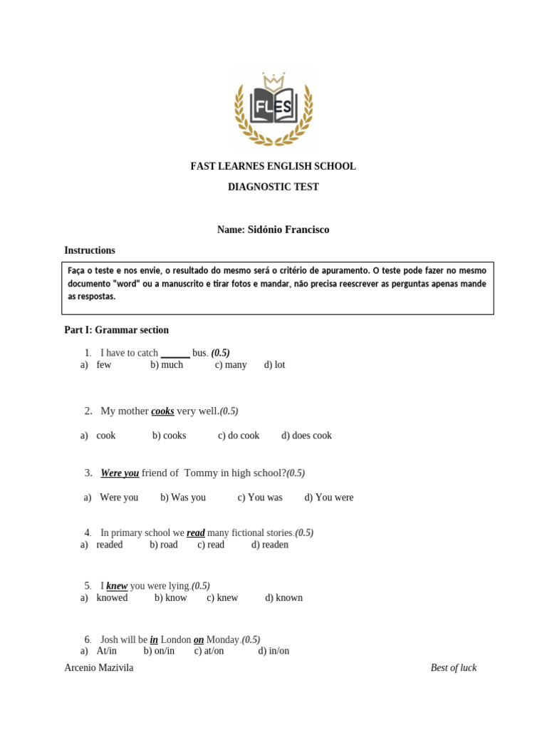 English Diagnostic Test for Students | PDF | Reading Comprehension ...