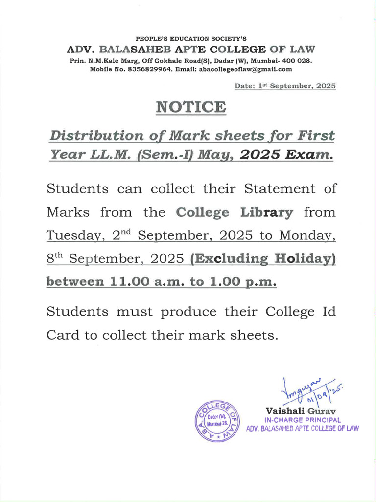 Notice For Marksheet Distribution of First Year LL.M. Sem I Exam. May ...