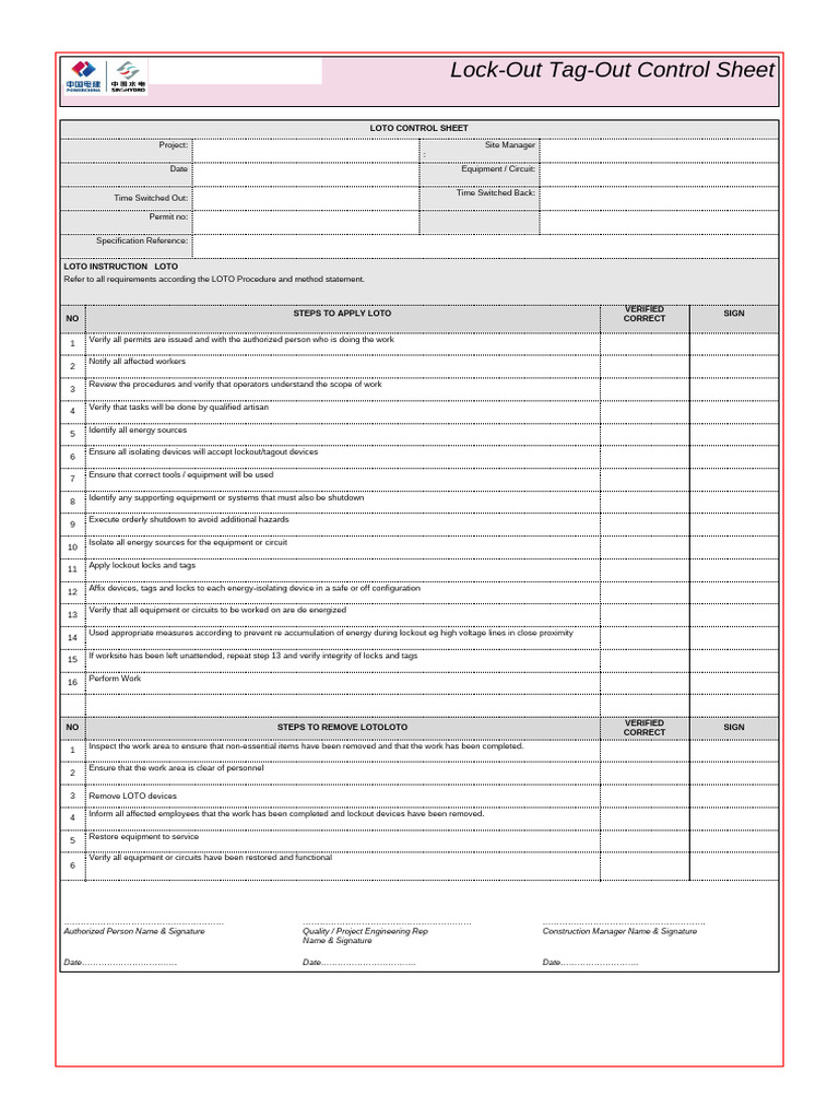 LOTO Control Sheet Template | PDF | Occupational Safety And Health | Safety