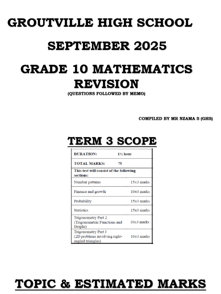 Grade 10 September 2025 Revision - 012925 | PDF
