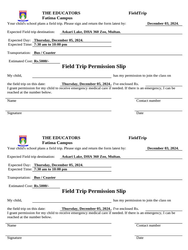 Field Trip Permission Slip Template | PDF