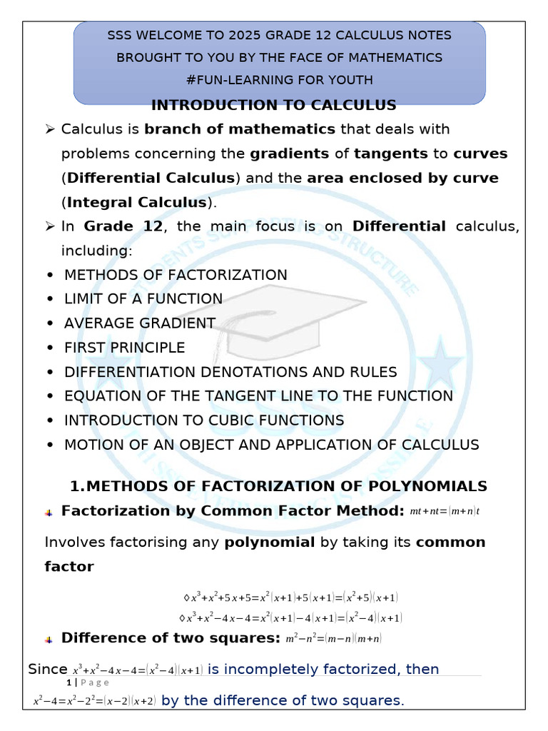 Grade 12 Calculus Notes Overview | PDF | Factorization | Derivative