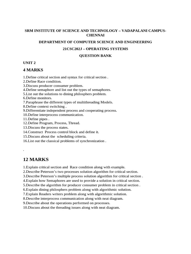 Operating Systems Question Bank - Unit 2 | PDF