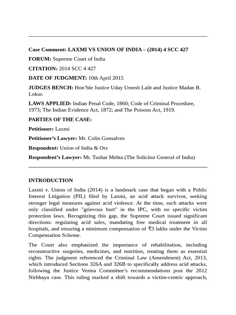 Case Comment LAXMI VS UNION OF INDIA | PDF | Crimes | Crime & Violence